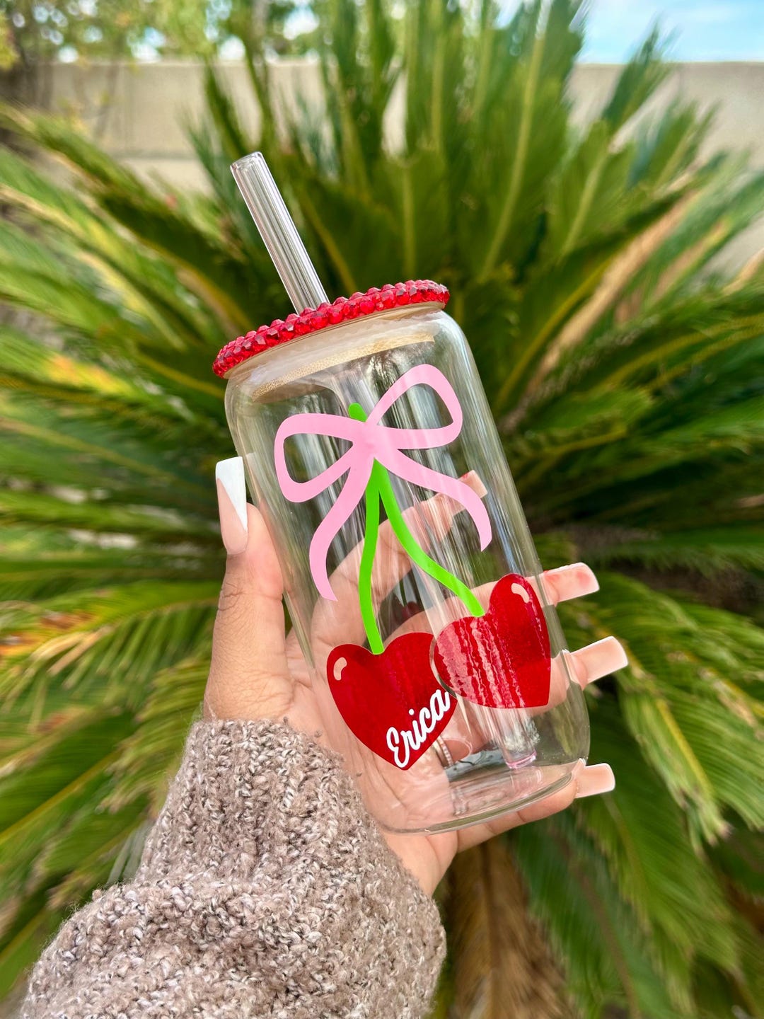 Red Glitter Heart Cherry Bling Glass Can|cherry Cup|bows|valentine Cup ...