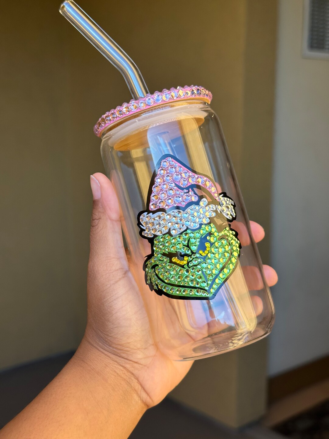 Bling Christmas Grinch Glass Can| Christmas Bling Cup| Stocking Stuffer ...