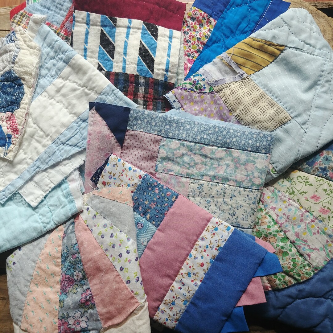 Vintage Quilt Scraps in Blues, Cutter Quilt Remnants for Slow Stitching ...