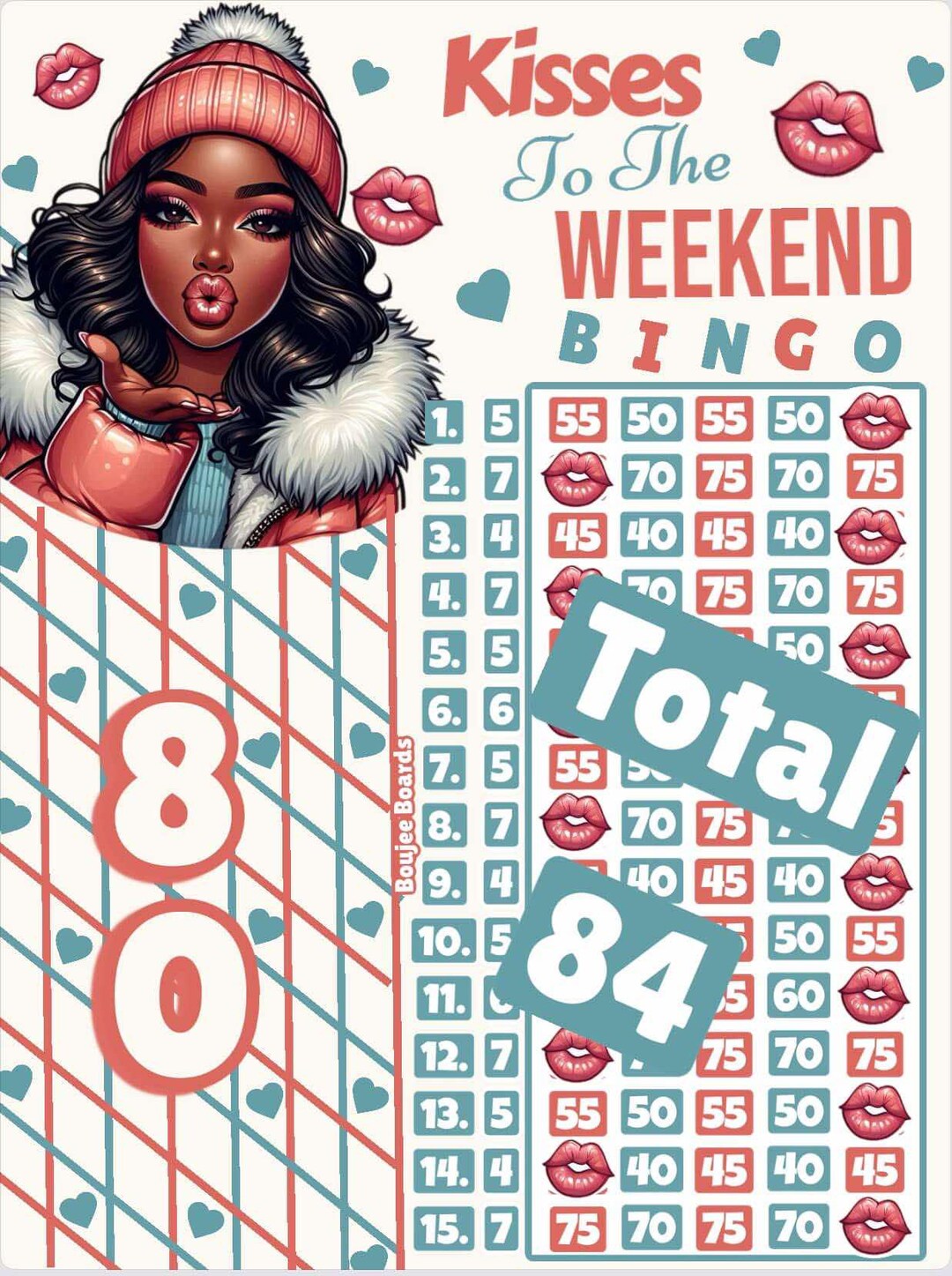 Kiss the Weekend (80), in Every Row, Downloadable Bingo Graphic - Etsy