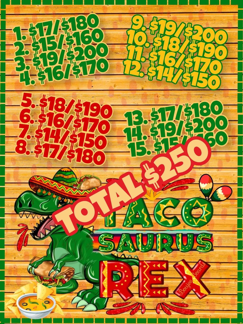 Taco-saurus Rex (250), Pick Your Prize, Downloadable Bingo Graphic - Etsy