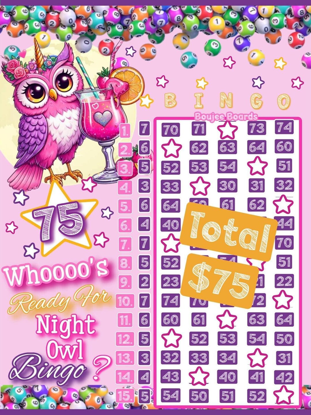 Night Owl (75), in Every Row, Pick Your Prize, Downloadable Bingo ...