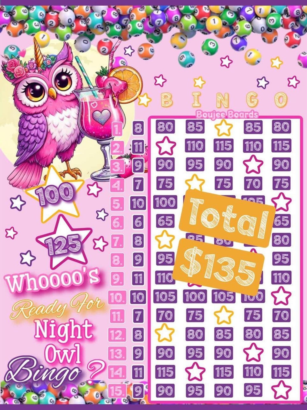 Night Owl (100/125), in Every Row, Pick Your Prize, Downloadable Bingo ...