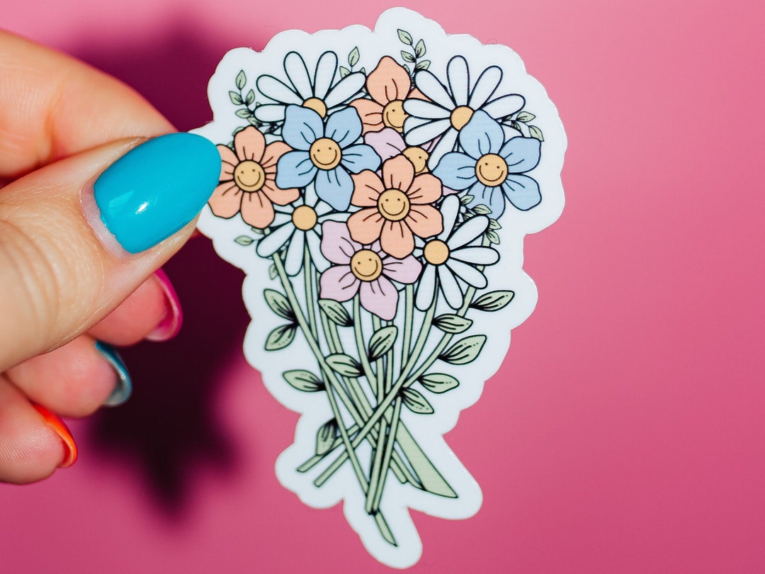 Floral Happy Face Sticker, Flower Bouquet, Cute Aesthetic, Daisy Boho ...