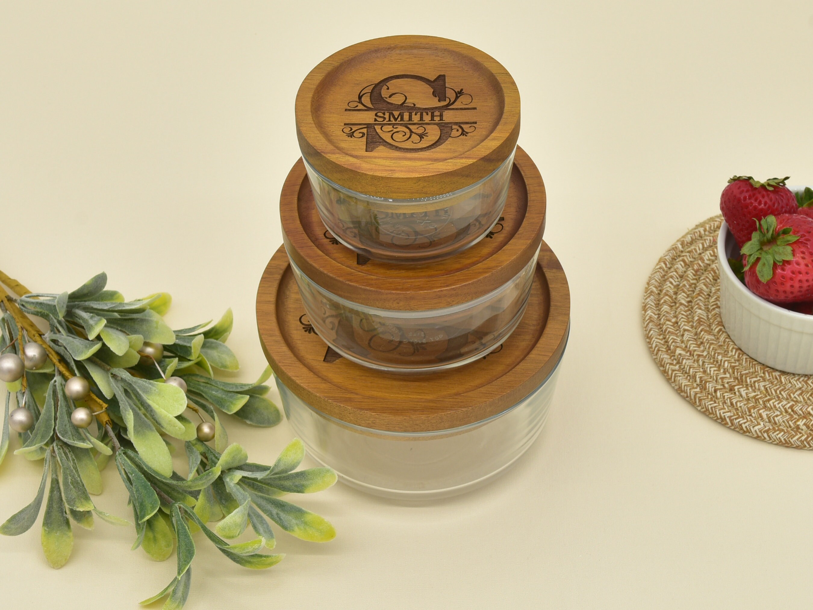 Personalized Glass Food Storage Container • Custom Engraved Wooden Lids ...