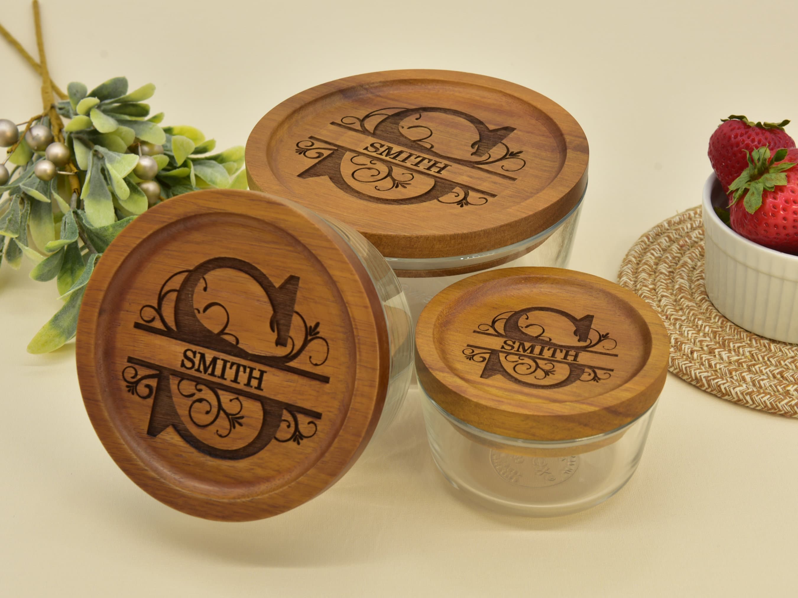 Personalized Glass Food Storage Container • Custom Engraved Wooden Lids ...