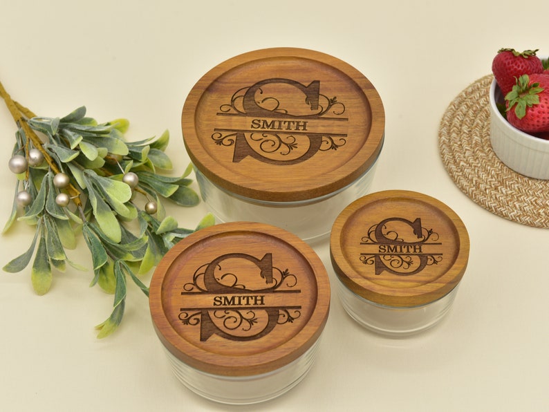 Personalized Glass Food Storage Container • Custom Engraved Wooden Lids ...