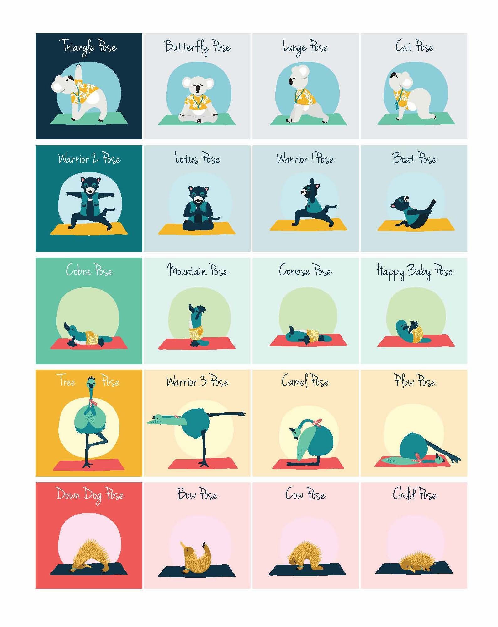 Set of 4 Yoga posters for kids 20 yoga poses wall decor - Etsy España