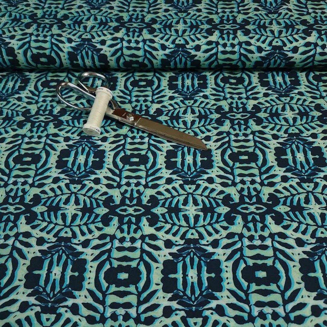 Rayon Challis Fabric, Fun Summer Aqua Blue Tribal Boho Design. This ...