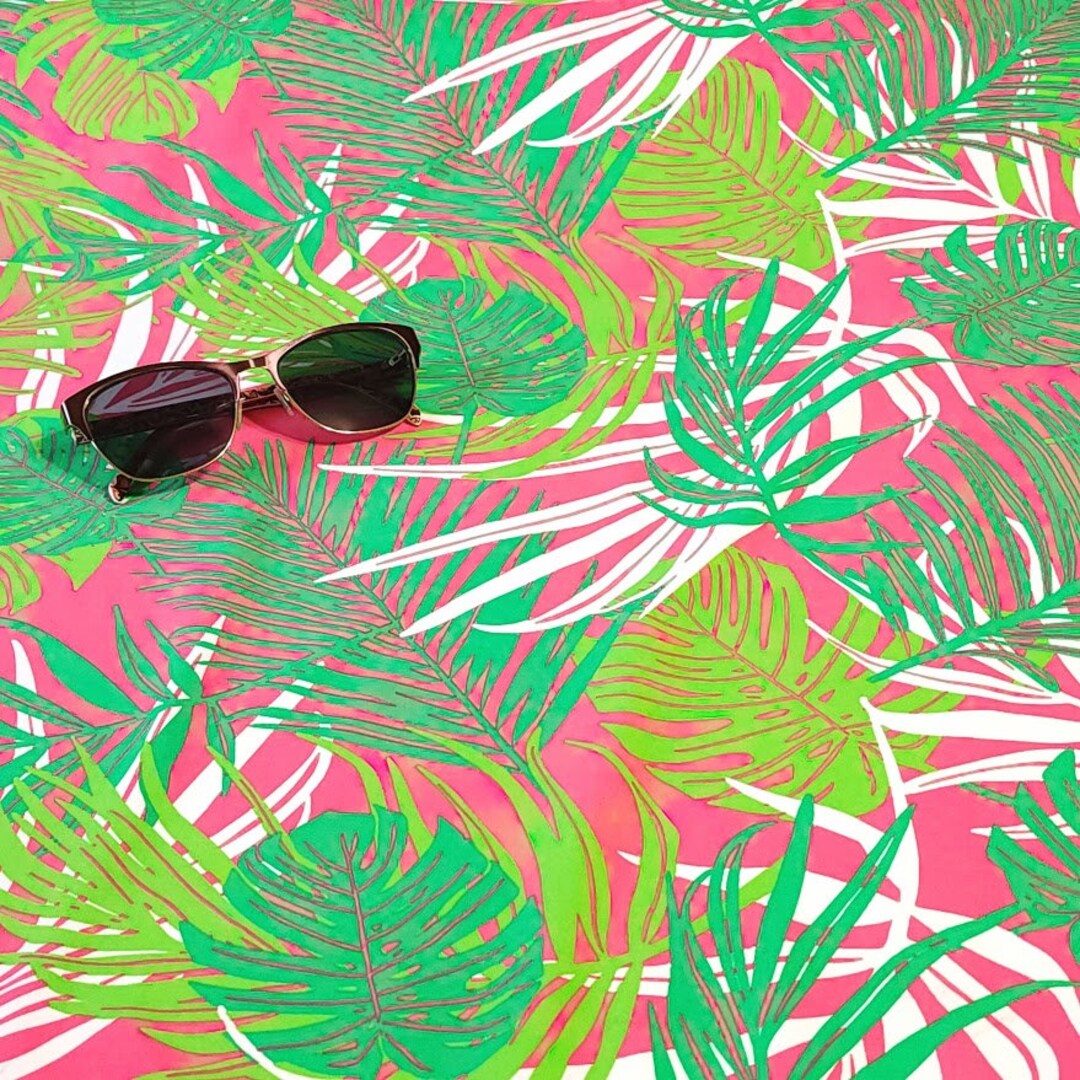 SWIM Fabric: Cute Pink Tropical Palm Leaf Print , Nylon Spandex ...