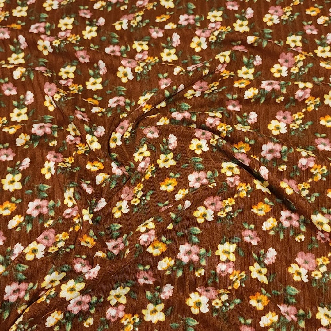 Rib Knit Fabric Brown Rib Knit Fabric With Yellow and Pink Floral Print ...
