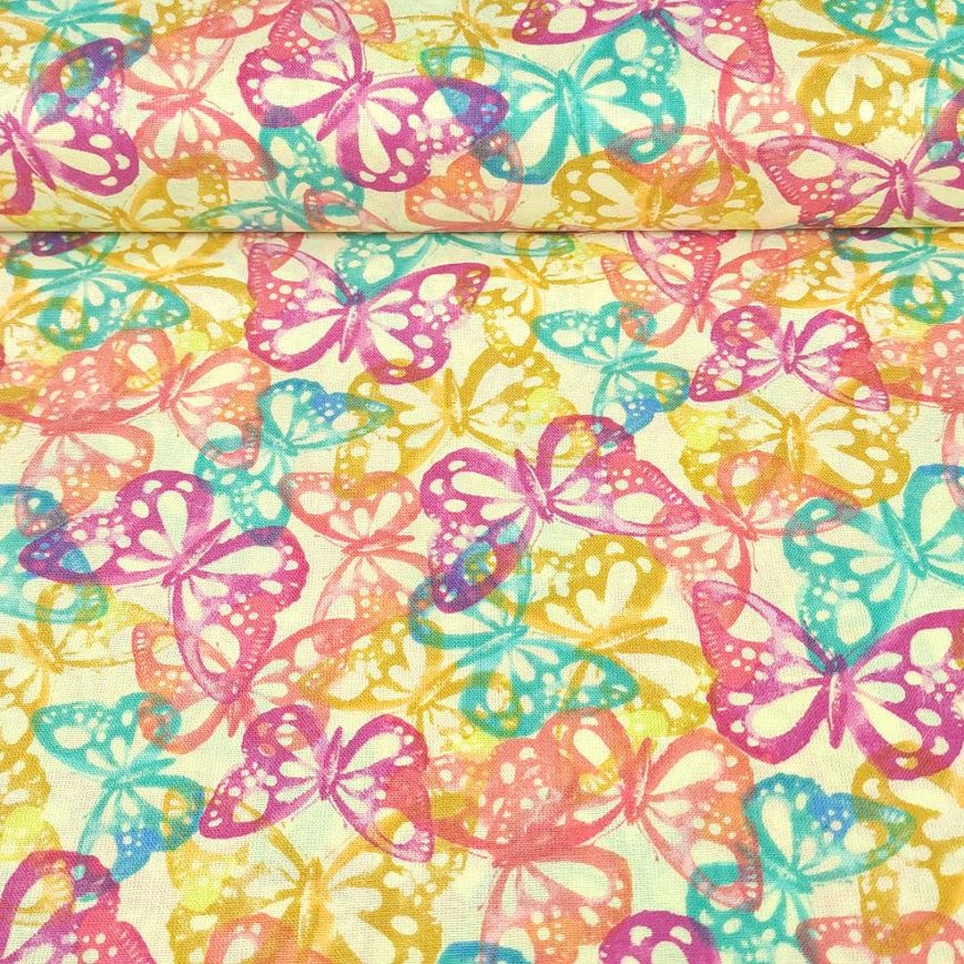 Butterfly Stamp Print Cotton Fabric – Colorful Pastel Butterflies ...
