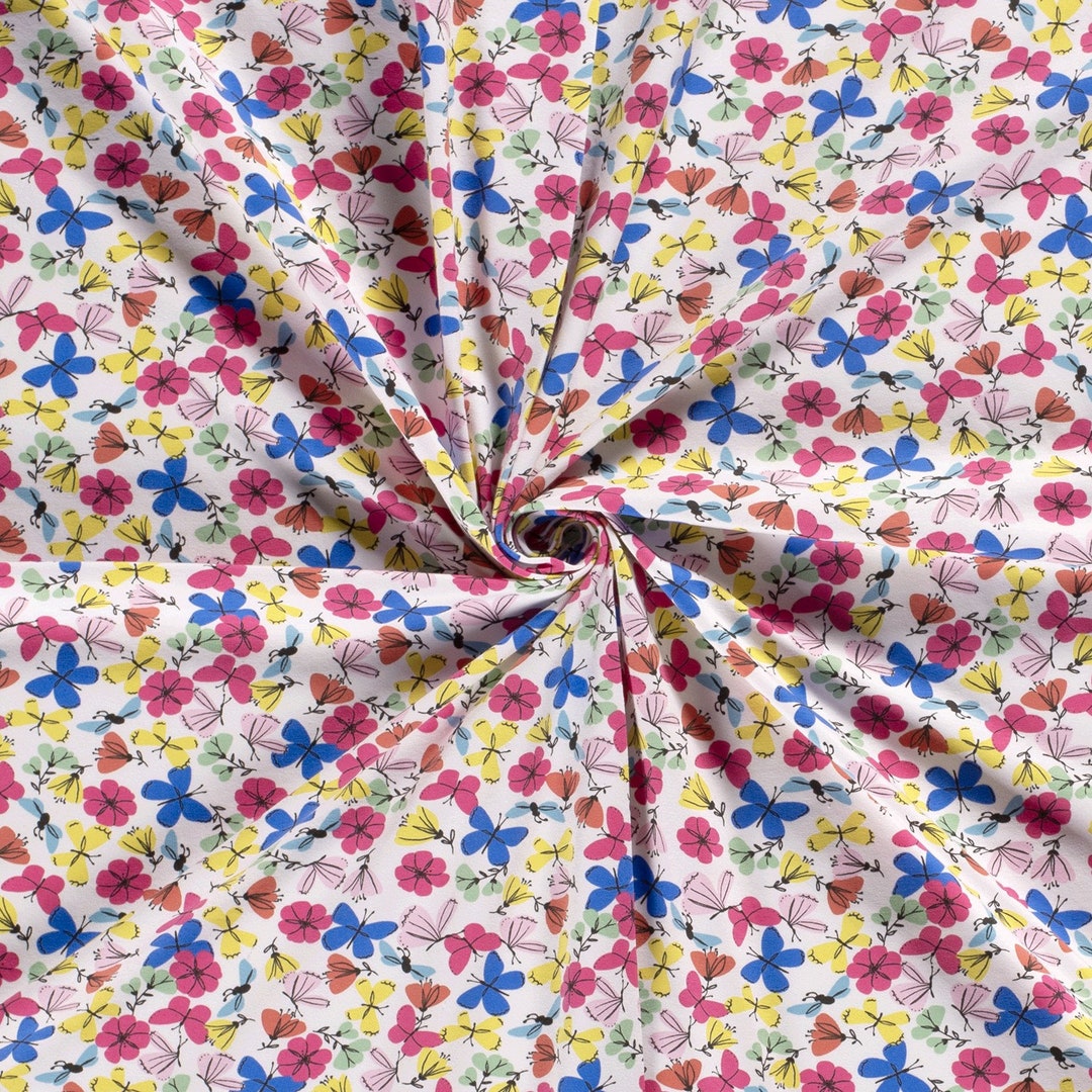 Cotton Spandex European Knit Fabric, Fun Butterflies and Flowers Fabric ...