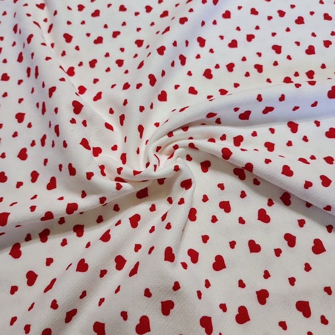 Red Heart Fabric on White, Cotton Blend Stretch Pique Knit Fabric, Cute ...