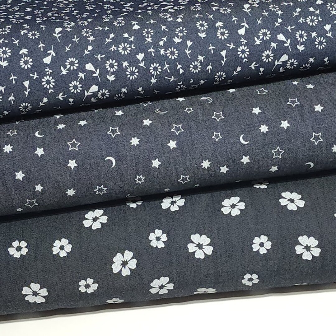 Chambray Fabric, Nice Denim Blue Color With Fun Floral Prints or Star ...