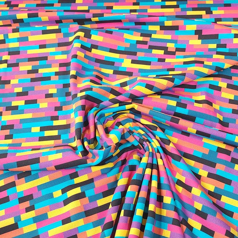 Colorful Pixel Block Poly Spandex Knit Fabric, Neon Geometric Mosaic ...