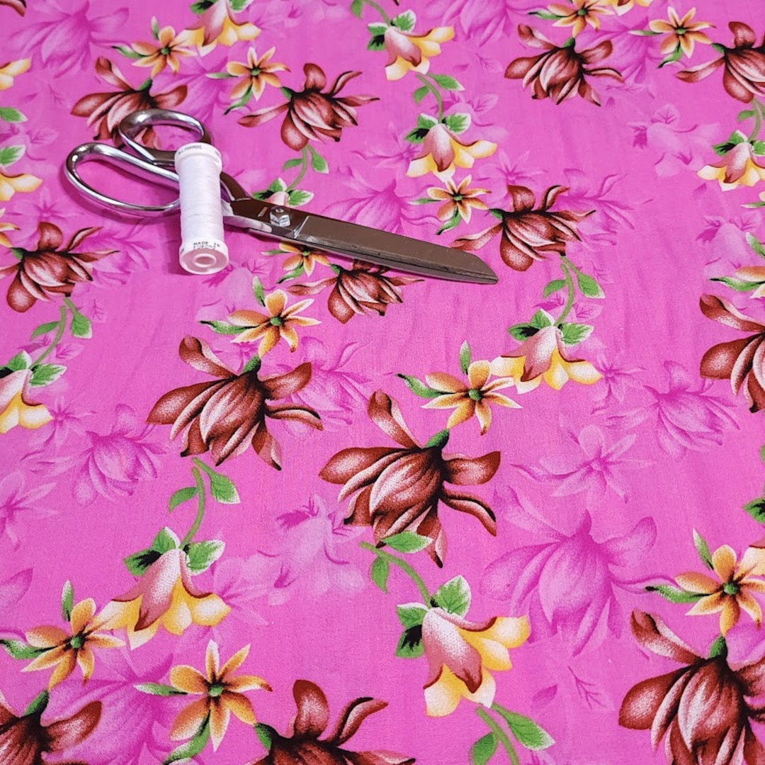 Tropical Floral Rayon Challis Fabric. Pink With Pretty Floral, Light ...