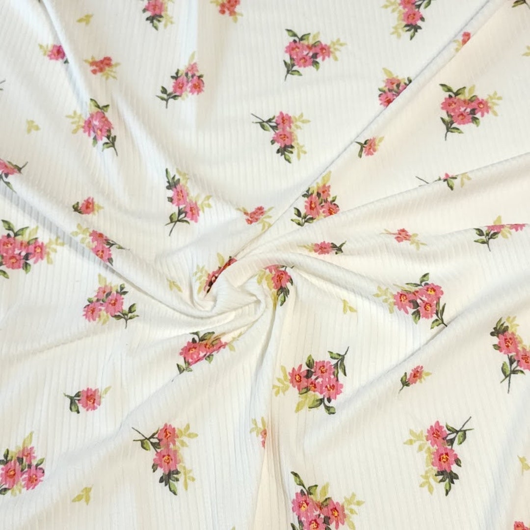 Rib Knit Fabric Petite Pink Floral Ribbed Knit Fabric on Ivory, Soft ...