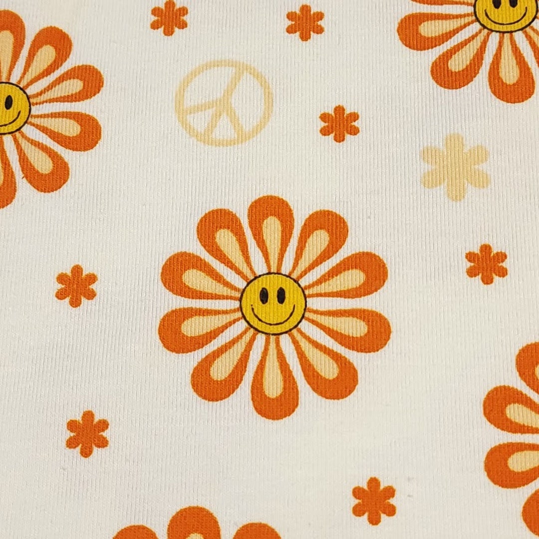 Cute Smiley Face Flower Print Fabric, Retro Print Cotton Jersey Knit ...