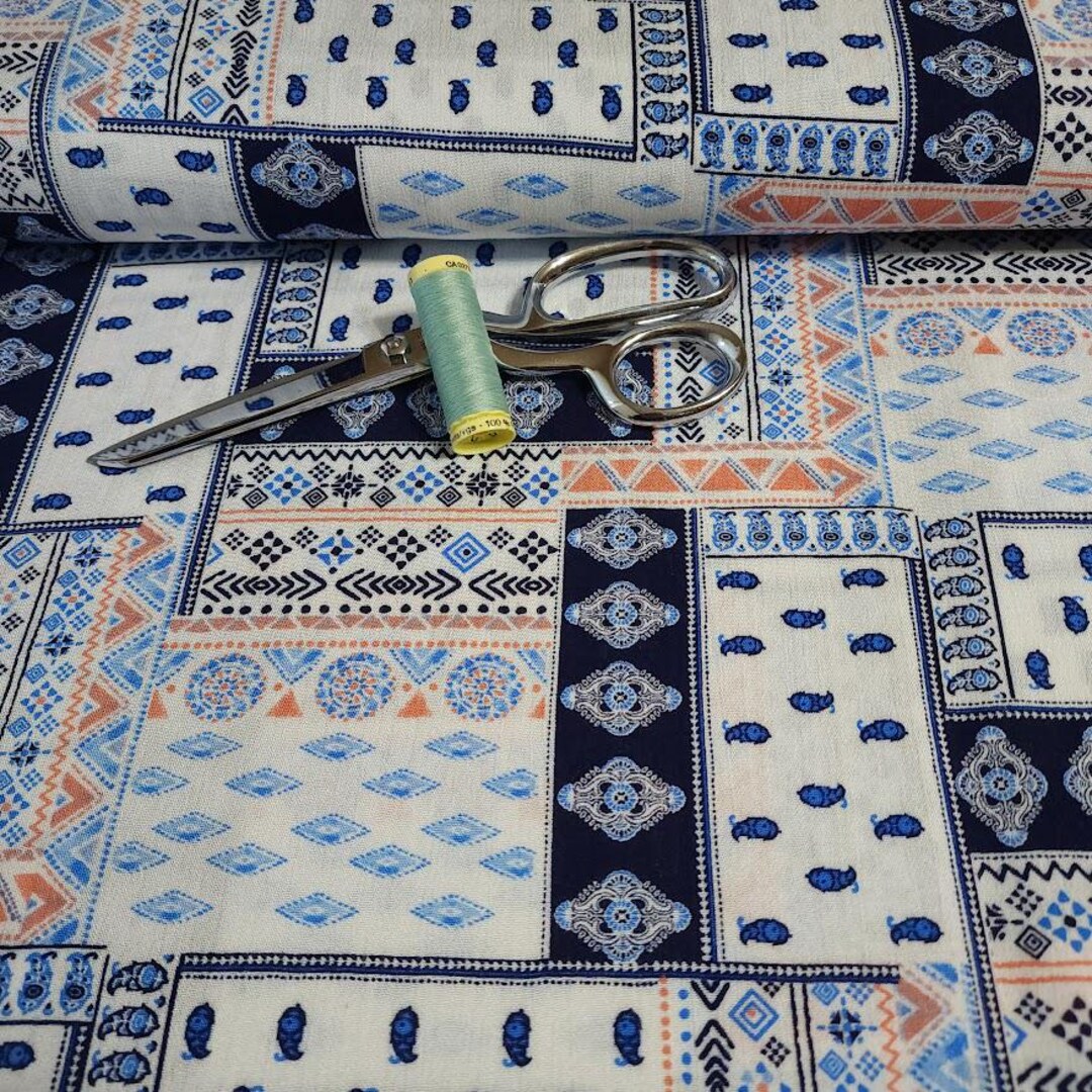Rayon Crepon Fabric, Summer Boho Patchwork Blue, White, and Pink Design ...
