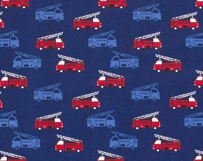Cotton Knit Fabric Red Fire Truck on Blue Knit Fabric - Ideal for ...