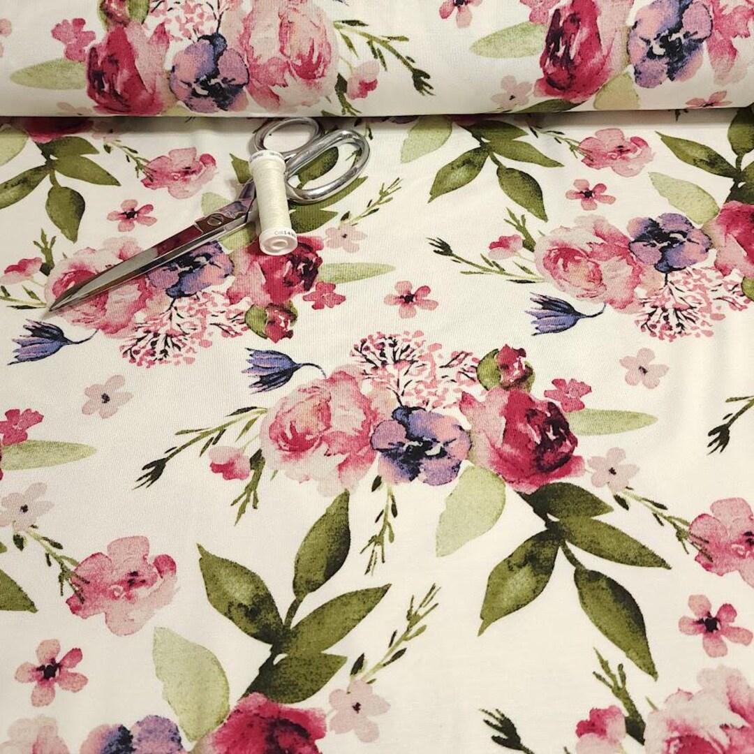 Garden Floral Knit Fabric, Summer Flower Fabric, Rayon Modal Blend With ...