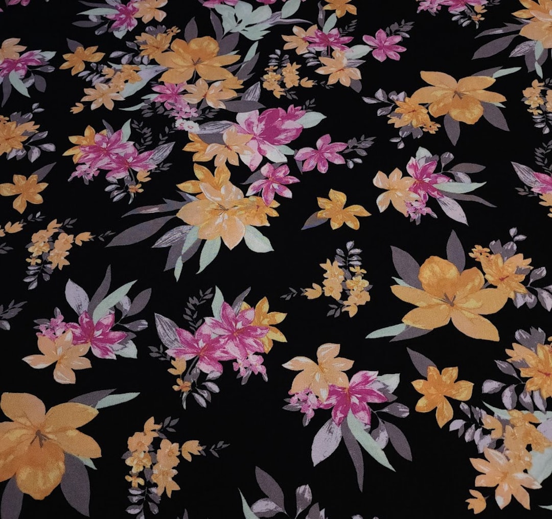 Rayon Challis Fabric, Black Challis With Yellow Tropical Floral Print ...