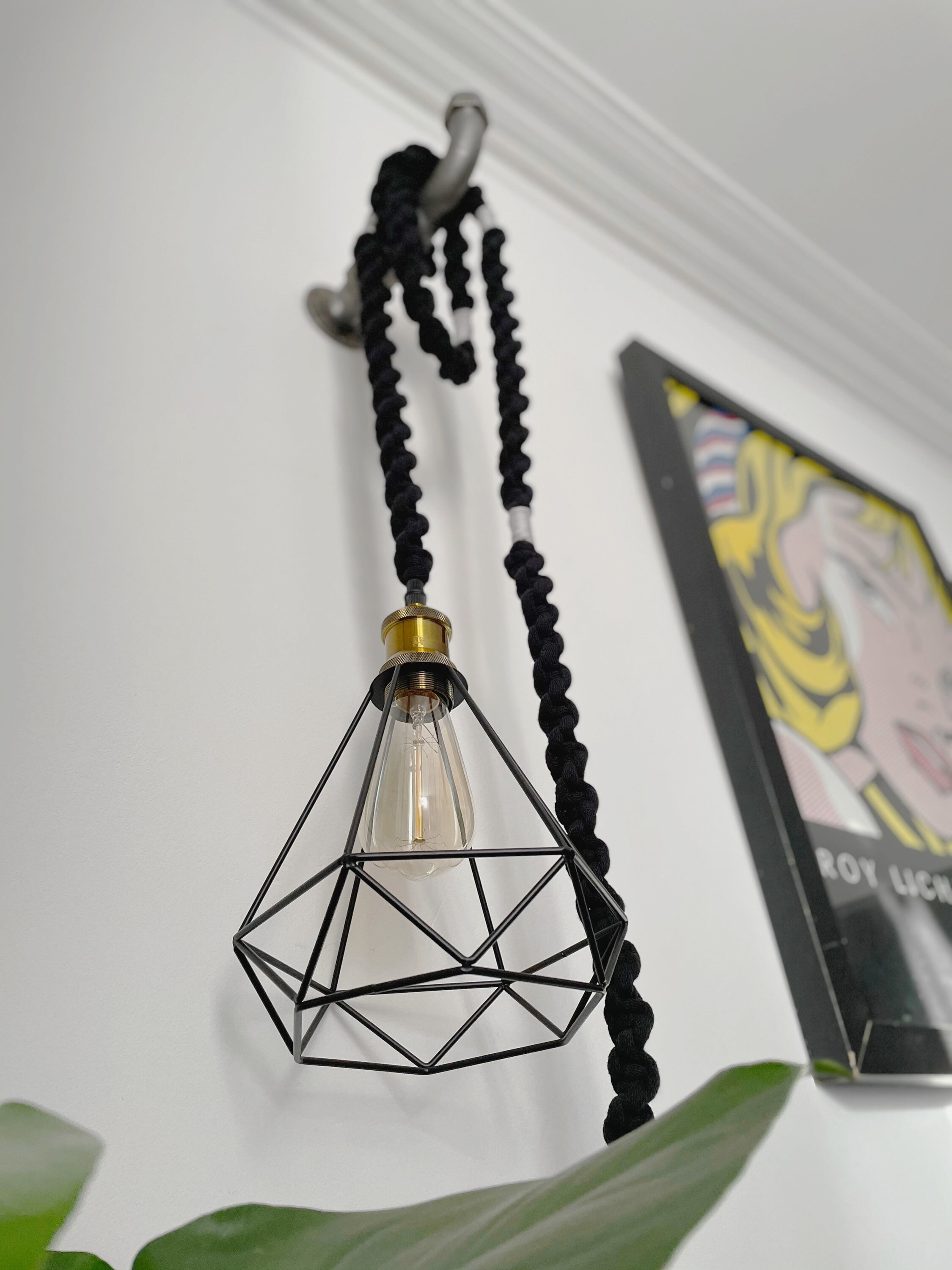 Black Macrame Hanging Lamp / Chunky Macrame Braided Cord / Cage ...