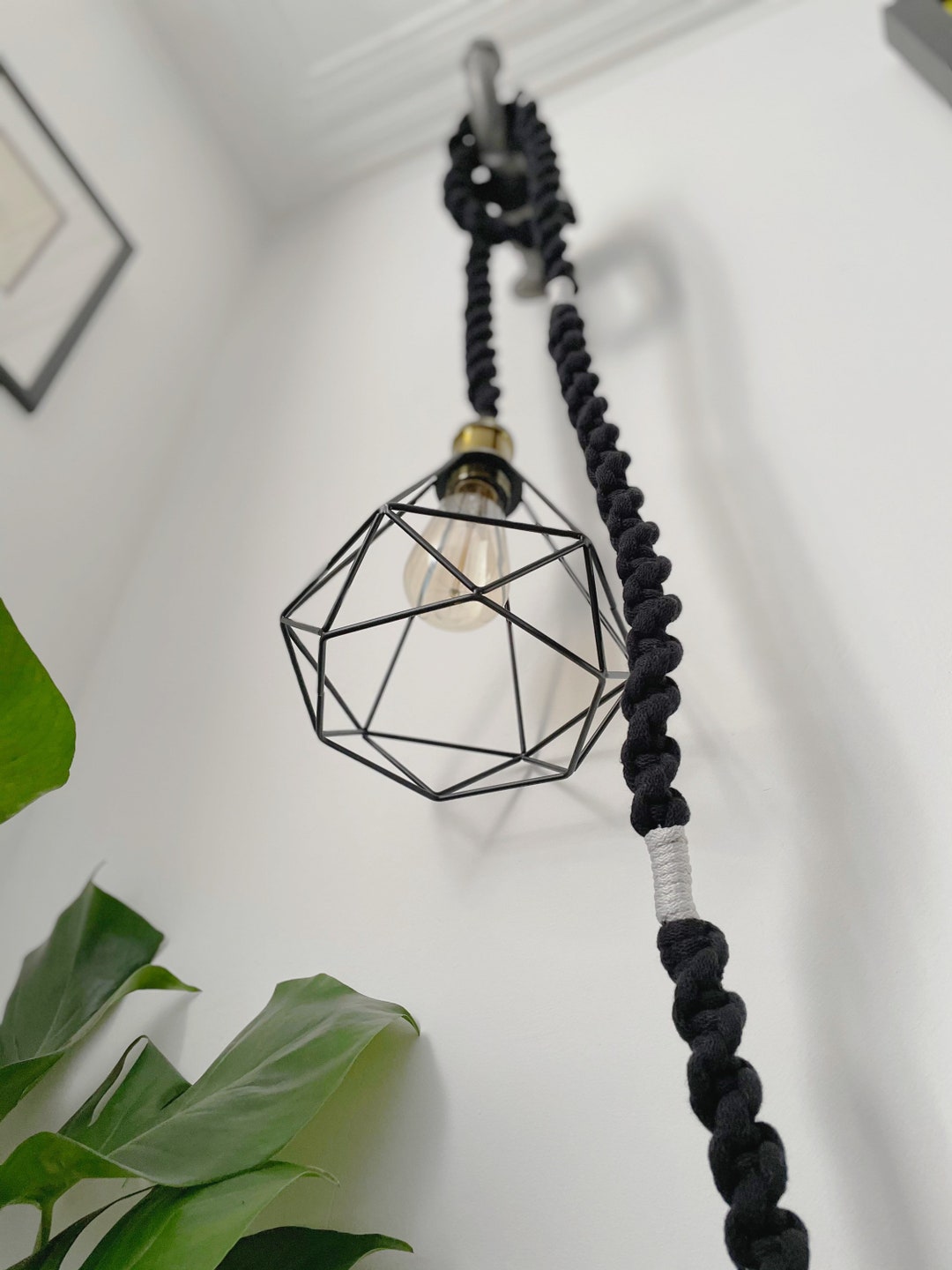 Black Macrame Hanging Lamp / Chunky Macrame Braided Cord / Cage ...