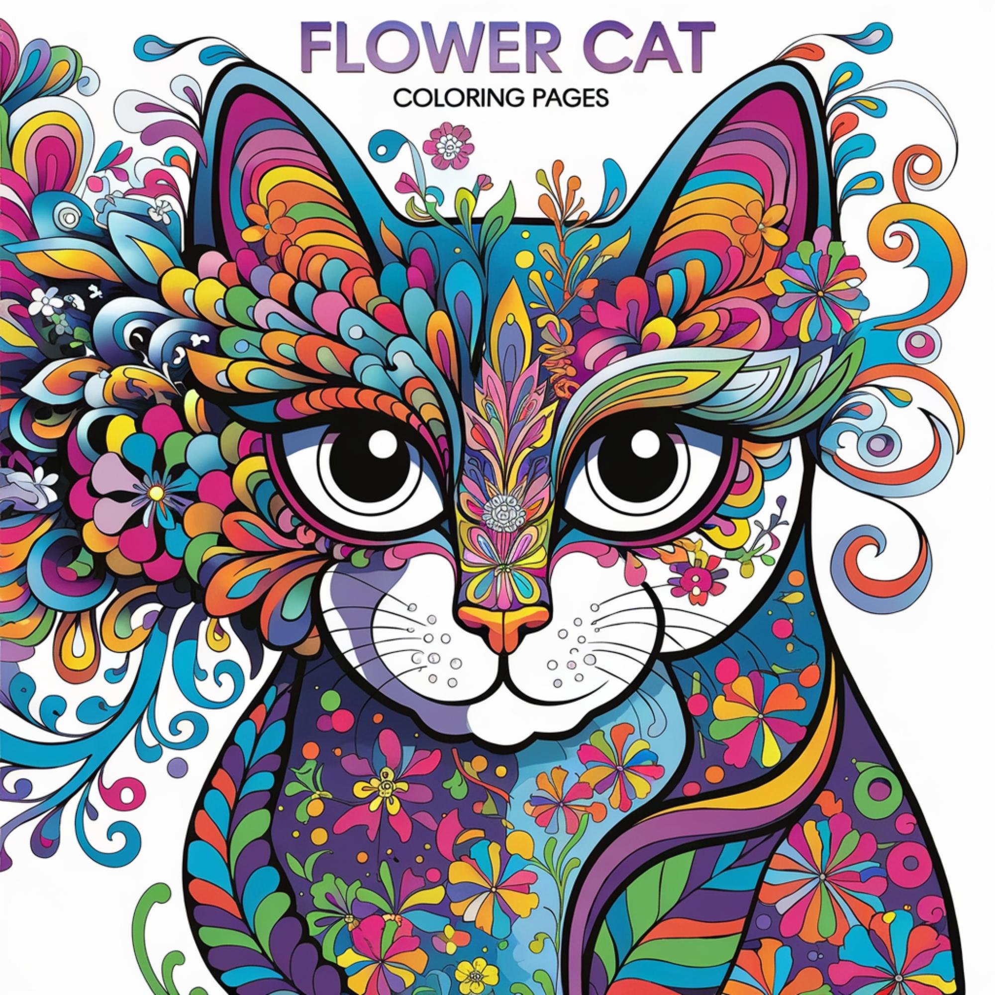 100 Flower Cat Coloring Pages for Kids and Adult, Instant Download ...
