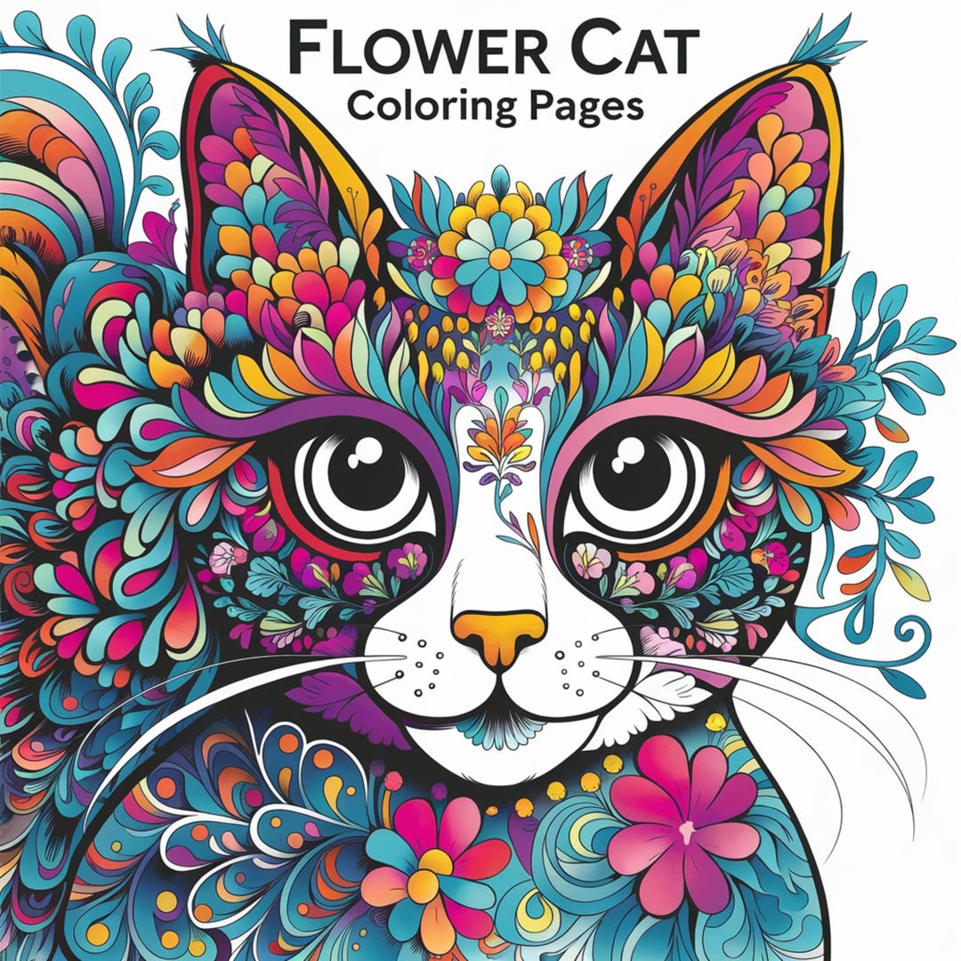 100 Flower Cat Coloring Pages for Kids and Adult, Instant Download ...