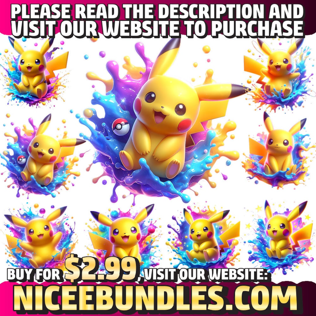 8 PNG Pikachu Splash and Watercolor Digital Design PNG File for ...