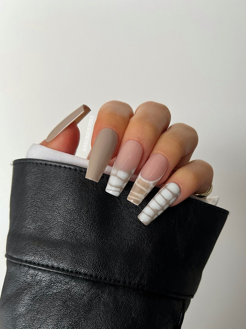 ESTHER Reusable Hand Painted Press on Nails Beige and White - Etsy