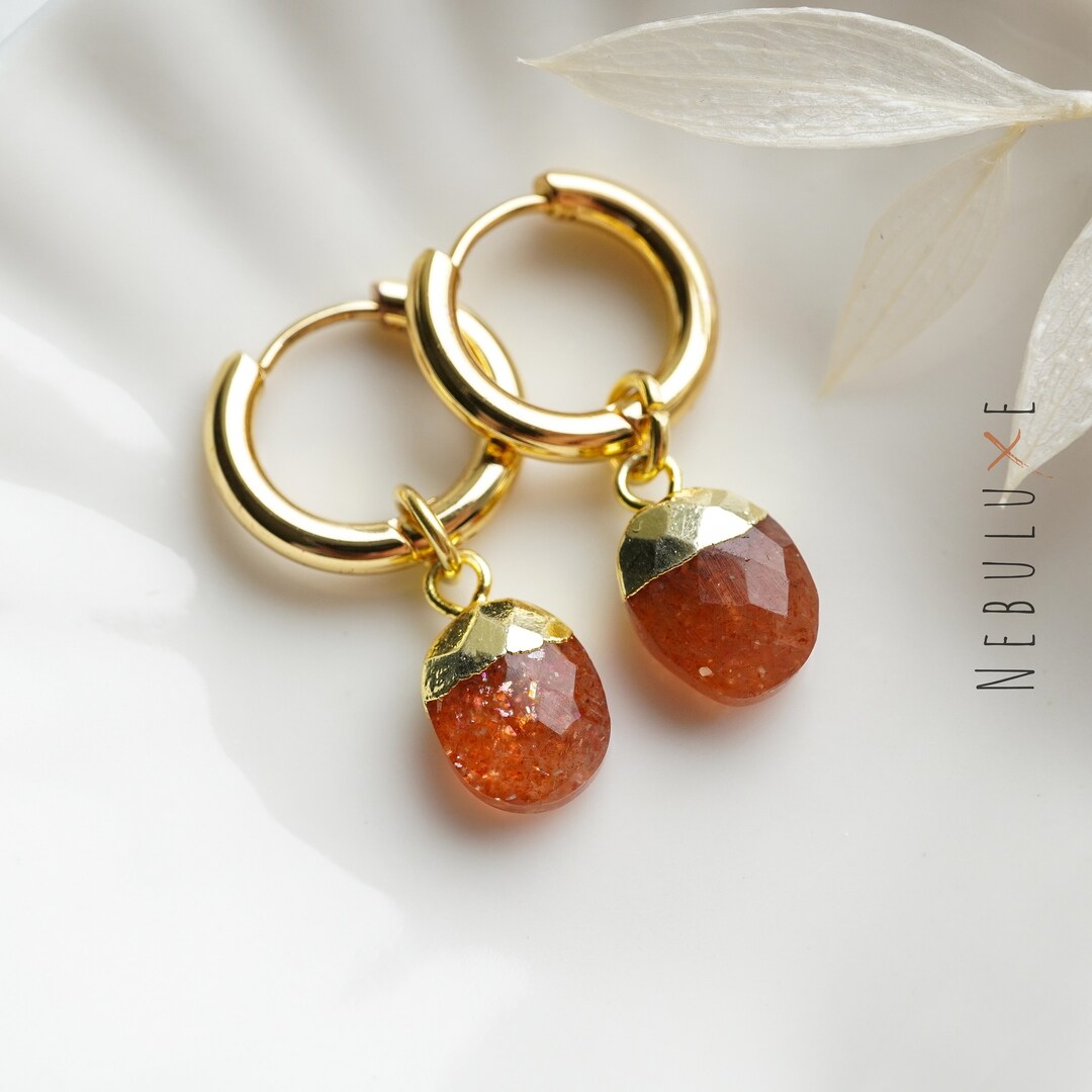 Sunstone Earrings, Gold Hoop Earrings, Sunstone Jewelry, Huggie Hoop Earrings With Charm ...
