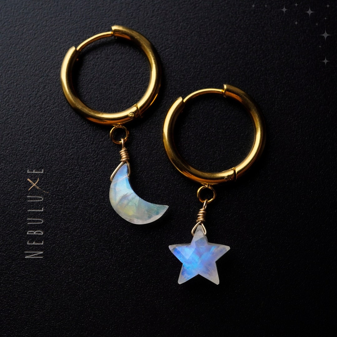 Moonstone Hoop Earrings, Moon and Star Earrings, Celestial Jewelry, Rainbow Moonstone Earrings ...