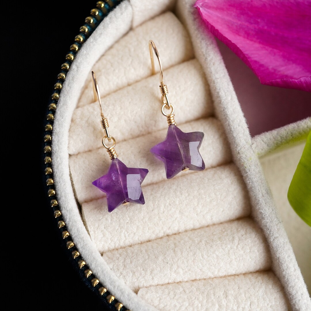 Amethyst Crystal Earrings, February Birthstone Jewelry, Star Earrings ...