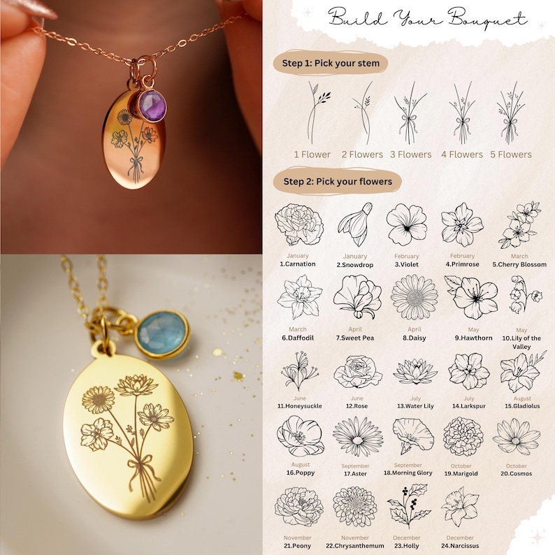 Combine Birth Flower Necklace, Personalized Gift for Mom, Unique ...