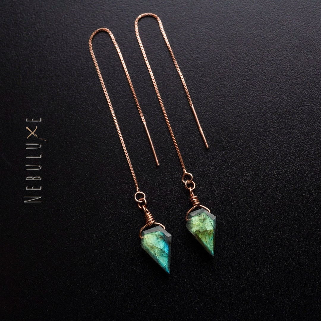 Labradorite Threader Earrings, Minimalist Earrings, Gold Threader Earrings, Labradorite Hoop ...