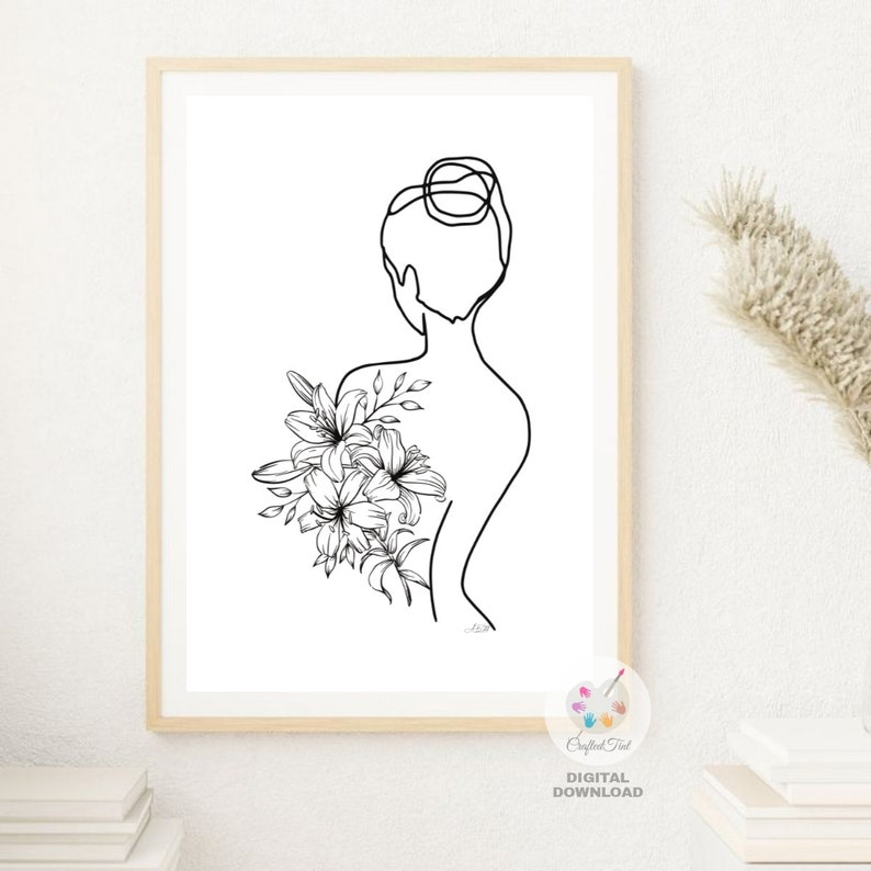 Flower Woman Line Art Print Minimalist Wall Art Female Line Drawing