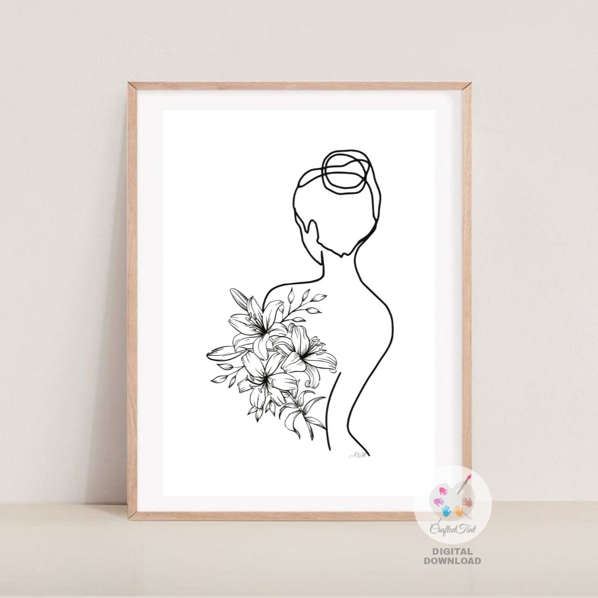Flower Woman Line Art Print, Minimalist Wall Art, Female Line Drawing ...