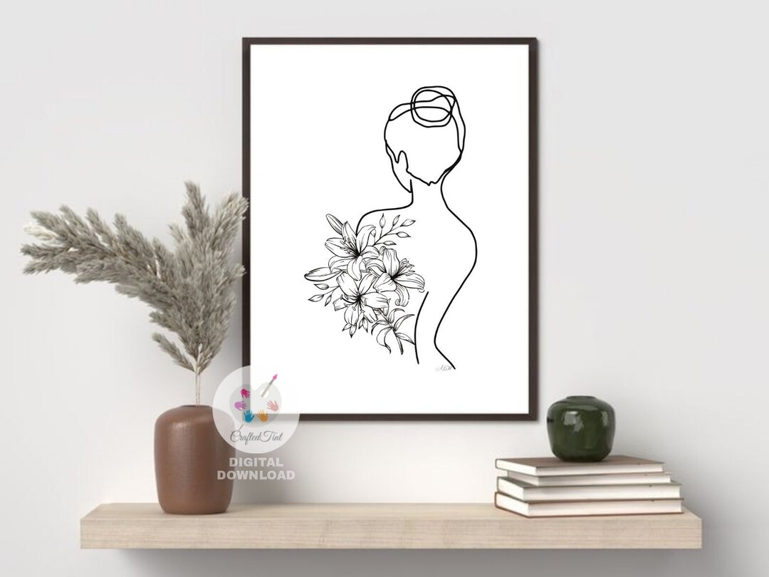 Flower Woman Line Art Print, Minimalist Wall Art, Female Line Drawing ...