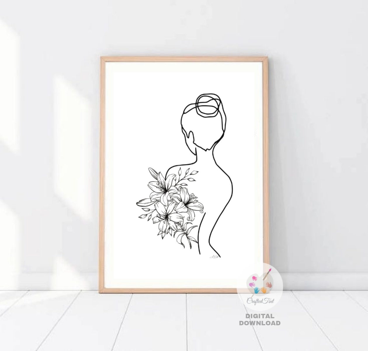 Flower Woman Line Art Print, Minimalist Wall Art, Female Line Drawing ...