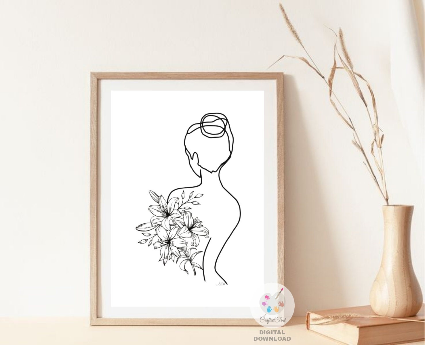 Flower Woman Line Art Print, Minimalist Wall Art, Female Line Drawing ...
