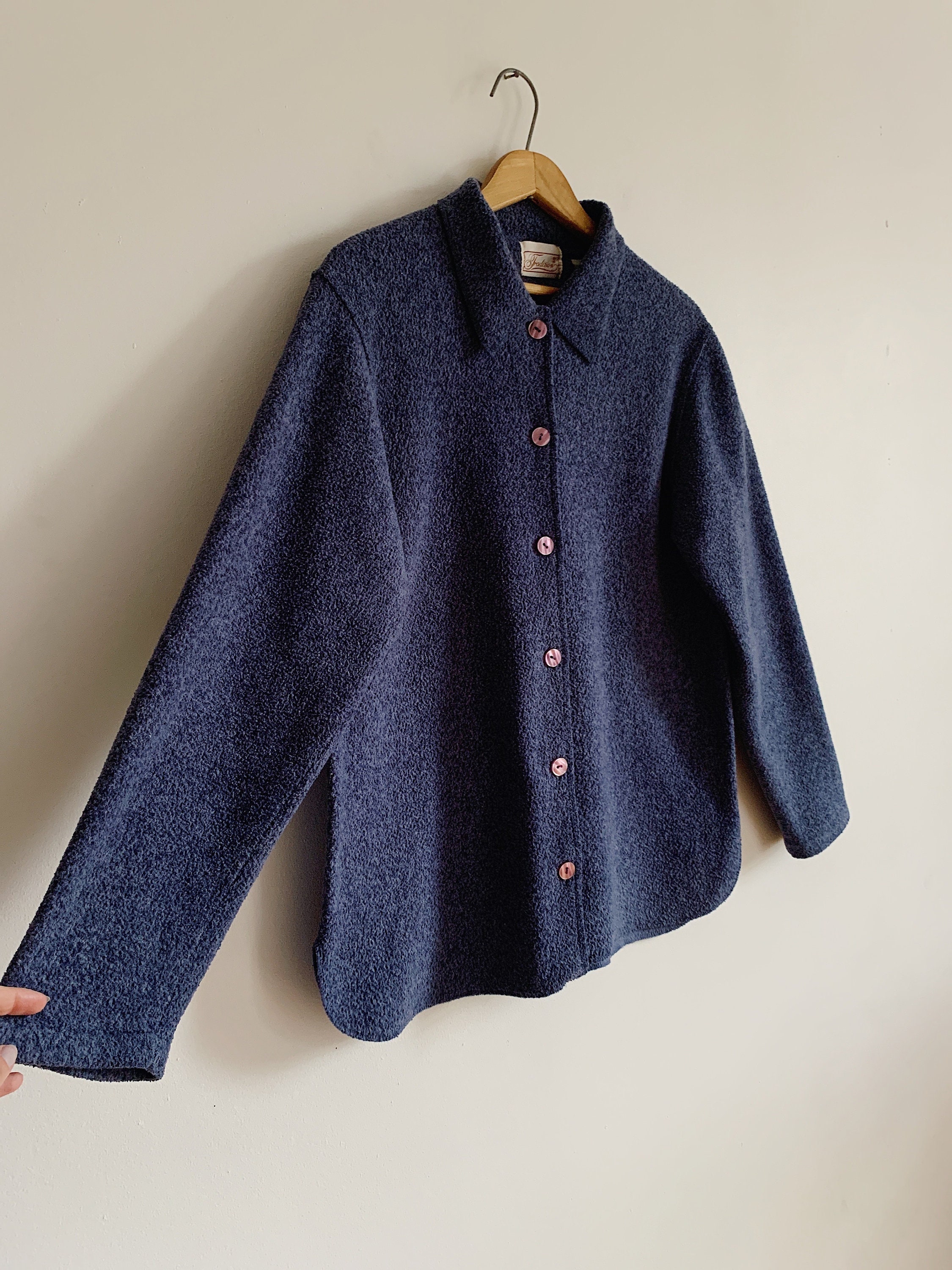 Vintage 90s Fleece Cardigan Sweater 1990s Blue Fuzzy Button up Sweater ...
