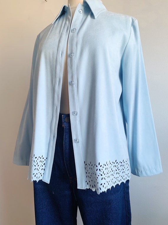 90s does 70s Light Blue Shacket w/ Floral Burnout Hem… - Gem