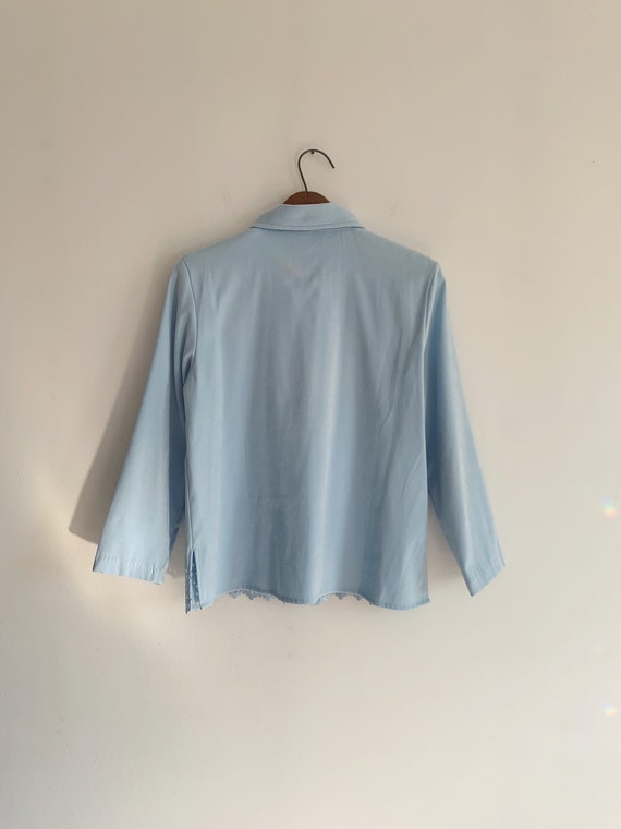 90s does 70s Light Blue Shacket w/ Floral Burnout Hem… - Gem