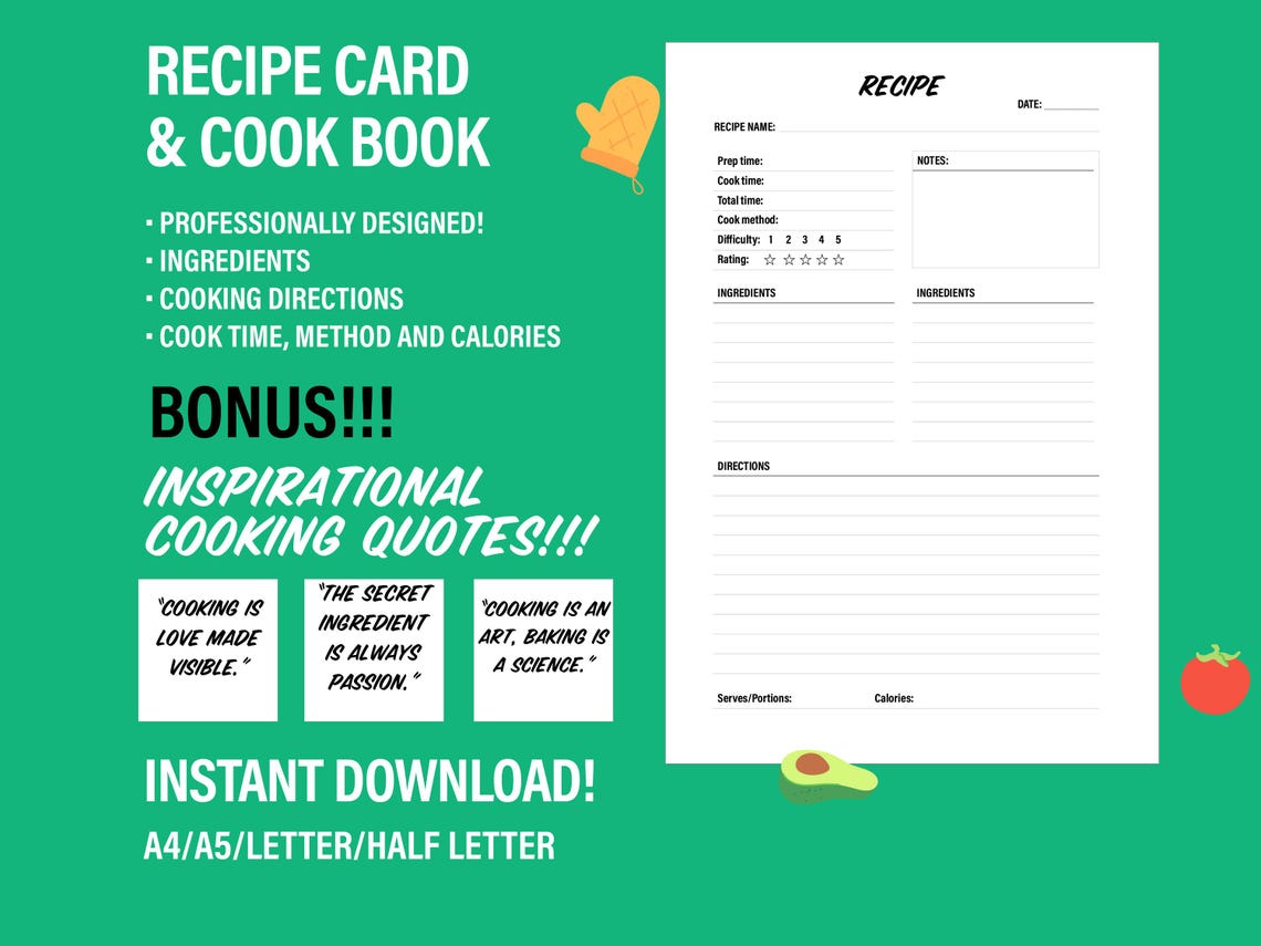 Recipe Book Template Printable, Blank Recipe Page, Cook Book Journal ...