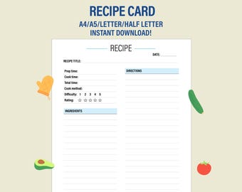 Recipe Book Template Printable, Blank Recipe Page, Cook Book Journal ...