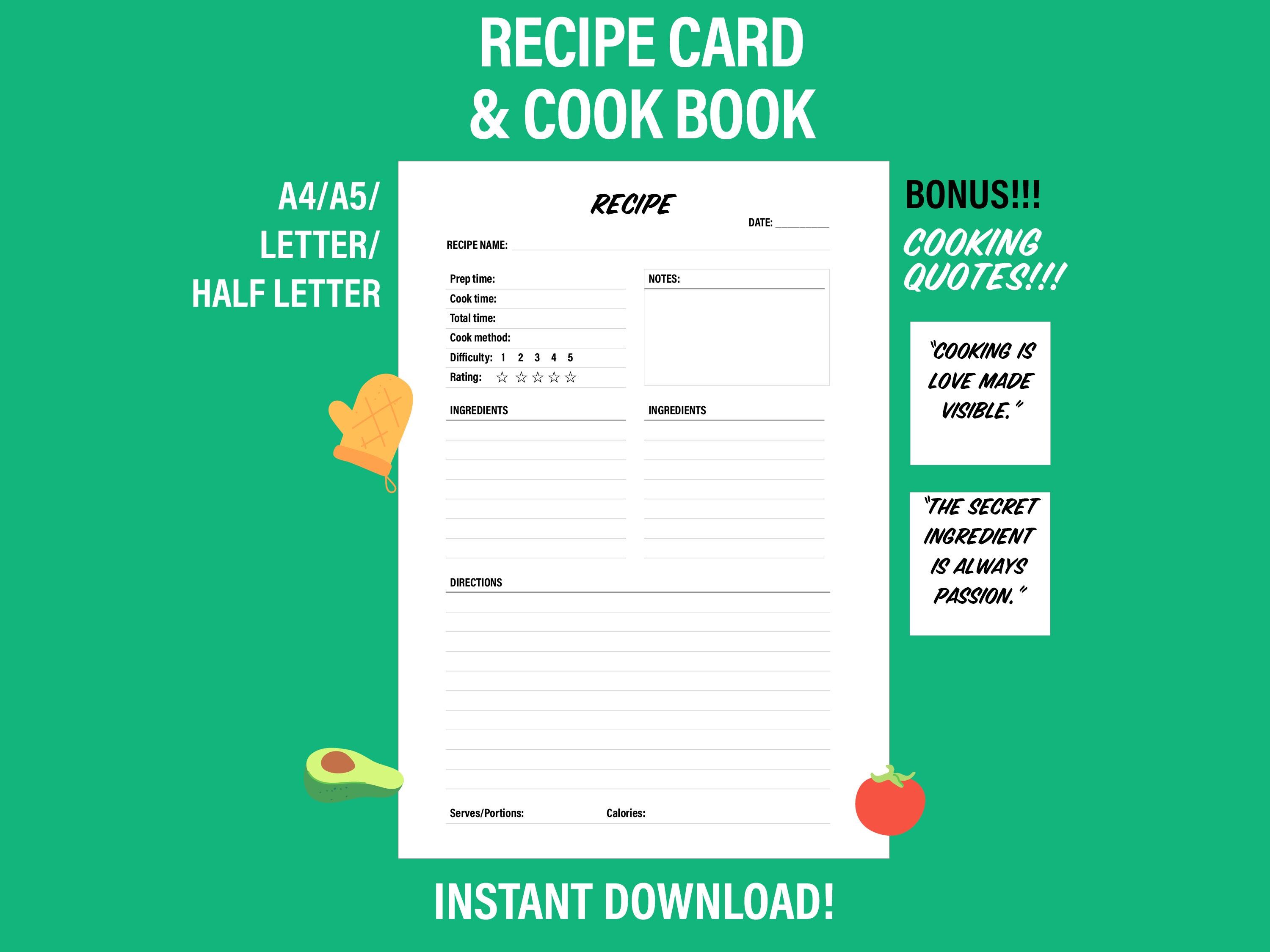 Recipe Book Template Printable, Blank Recipe Page, Cook Book Journal ...
