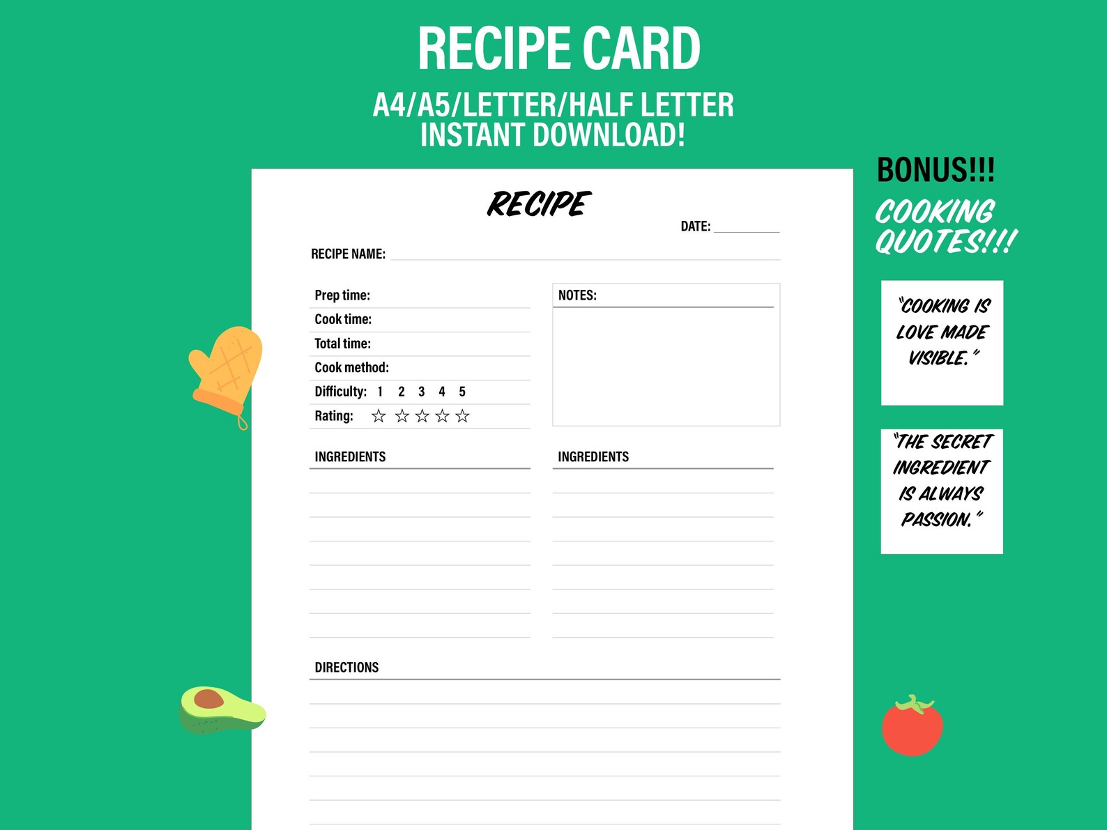 Recipe Book Template Printable, Blank Recipe Page, Cook Book Journal ...
